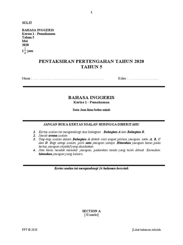 Soalan PPT 2020 - BI T5 K1-Sept20 | Nature