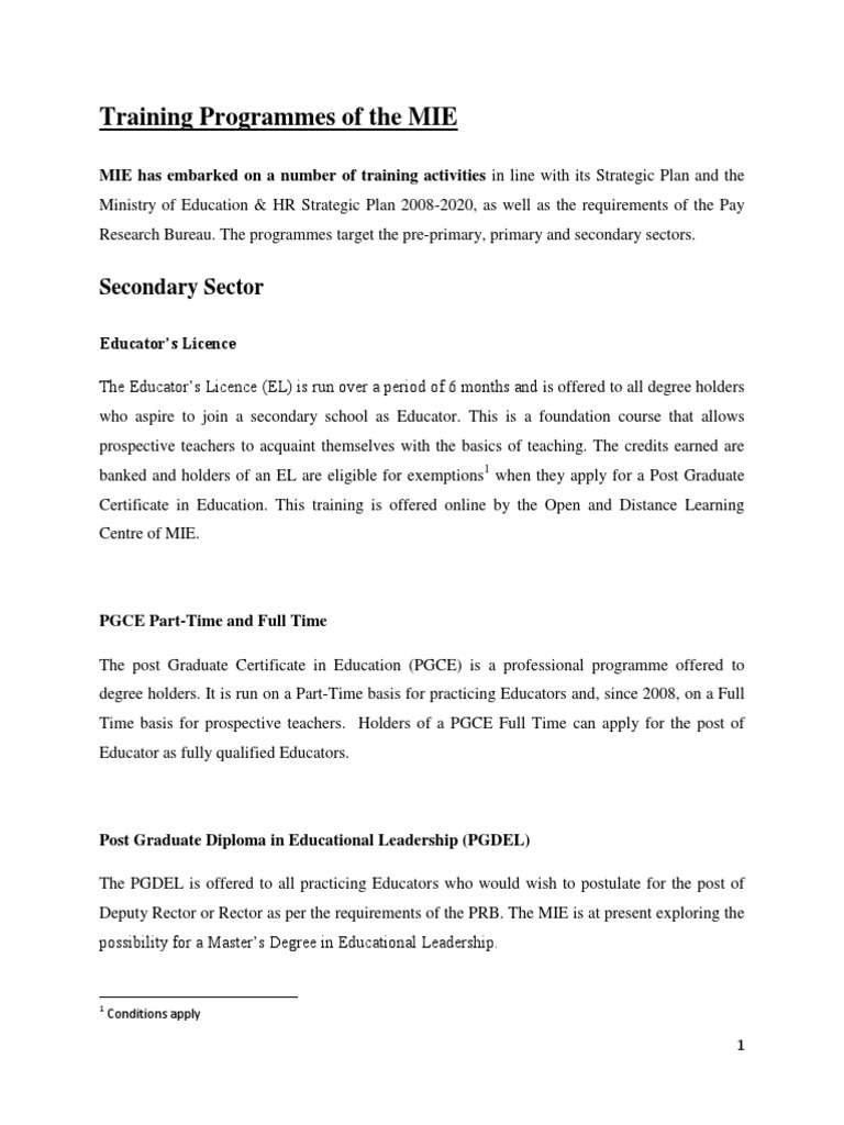 Training Programmes of The MIE: Secondary Sector | PDF | Special ...
