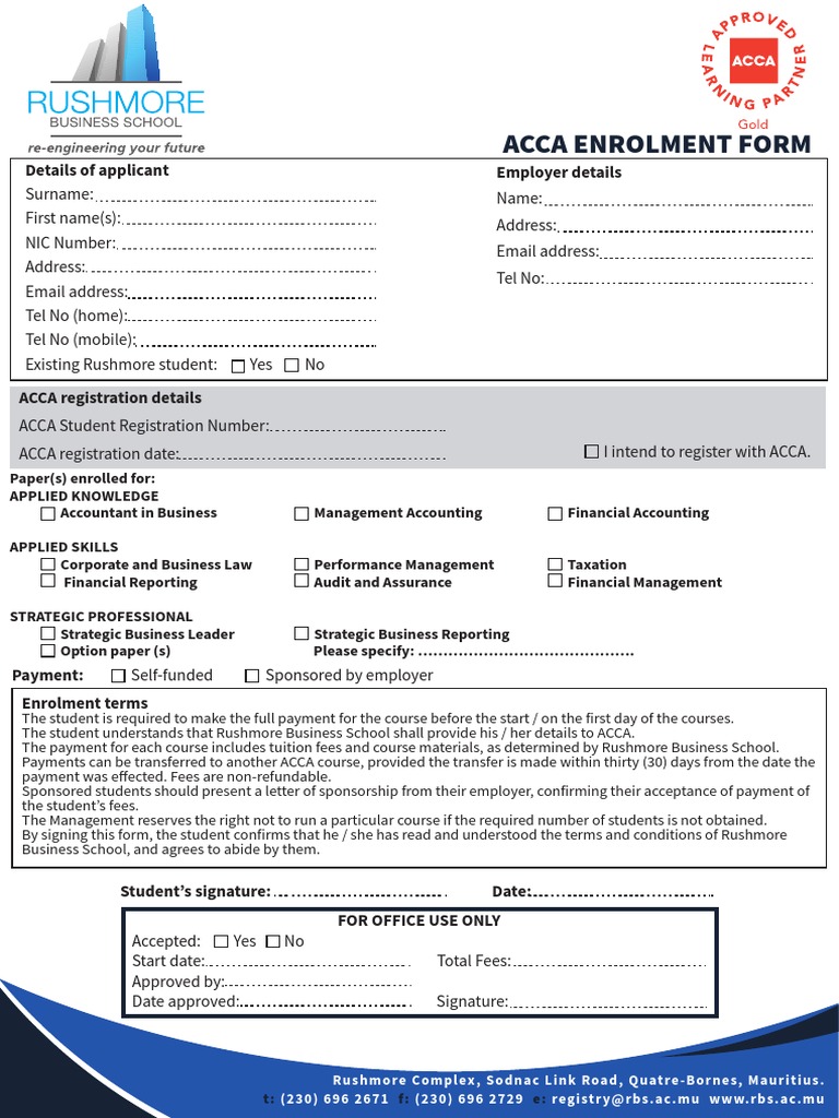 RBS - ACCA Enrolment Form 2 PDF | PDF | Accounting | Government