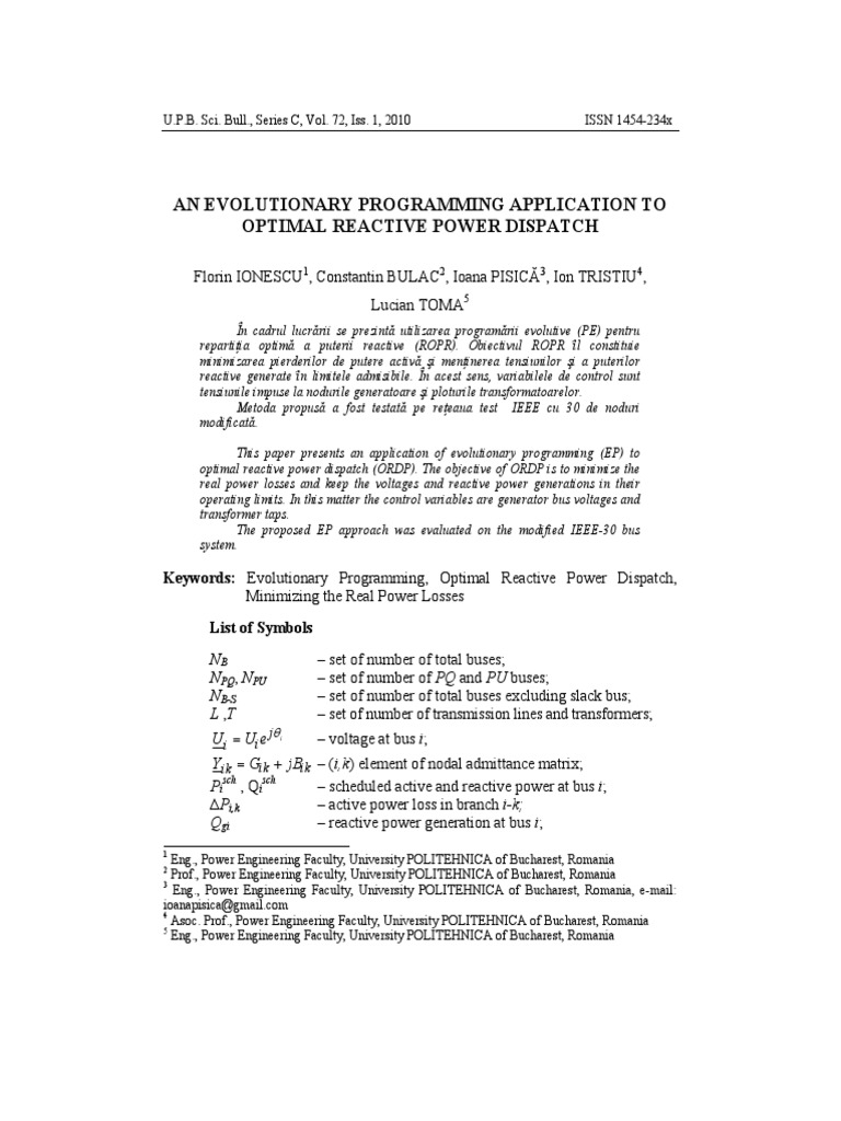 An Evolutionary Programming Application To Optimal Reactive Power Dispatch | PDF | Mathematical ...
