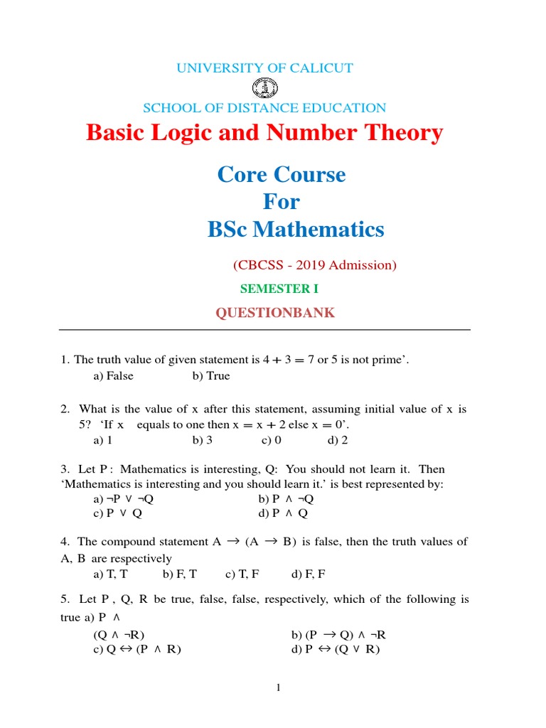 MCQ-Basic Logic and Number Theory (B.SC - Mathematics) | PDF ...