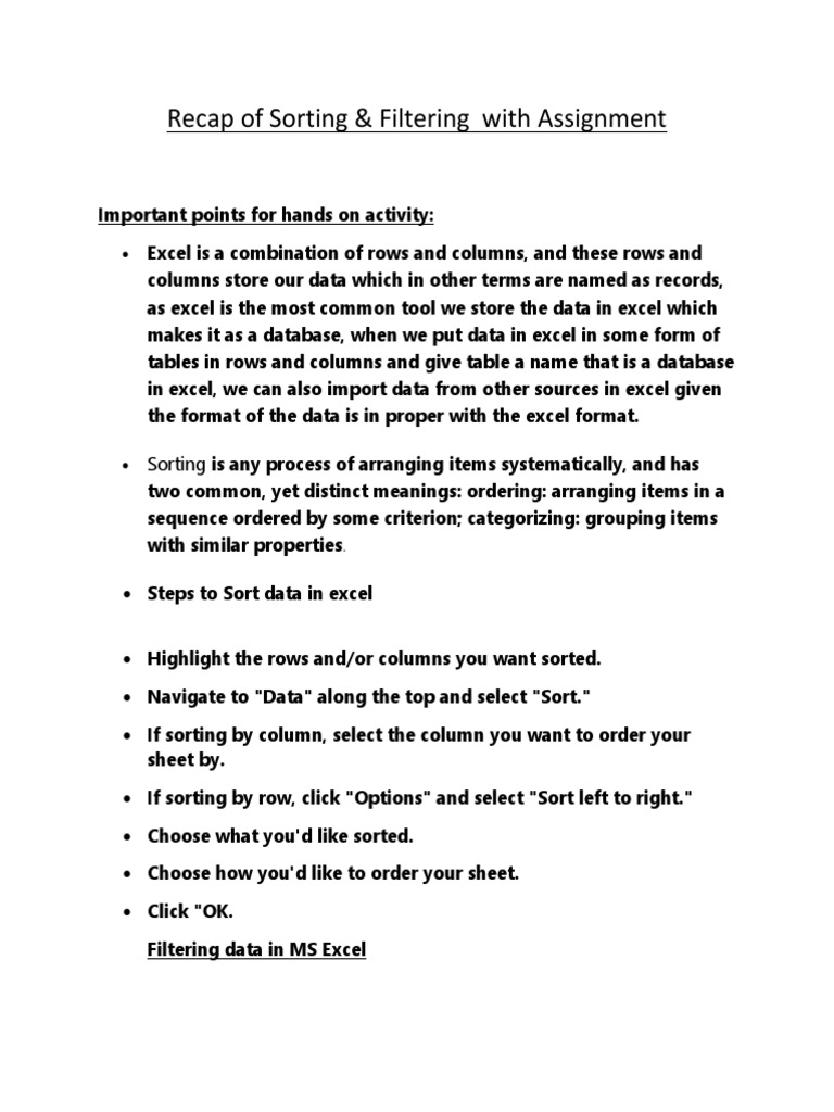 Practice Assignment On Sorting And Filtering Pdf