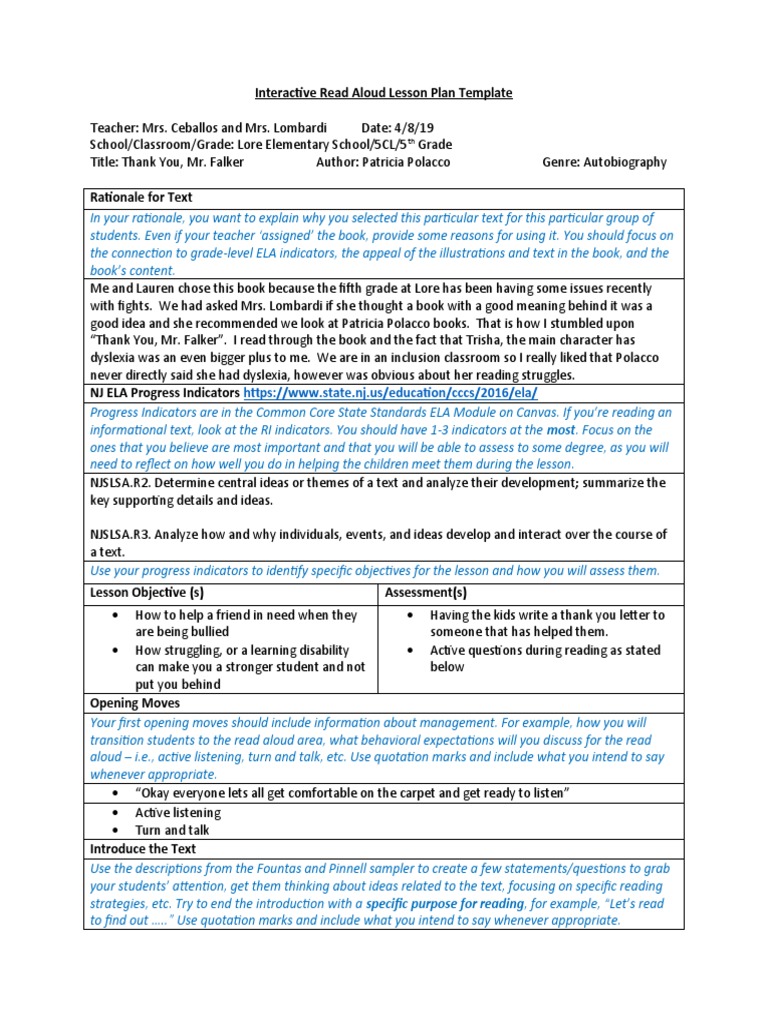Ral 221 Rev Lesson Plan Template Interactive Read Aloud 1 | PDF ...
