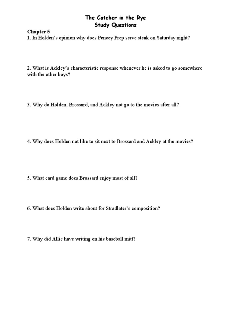 The Catcher in The Rye Study Questions | PDF