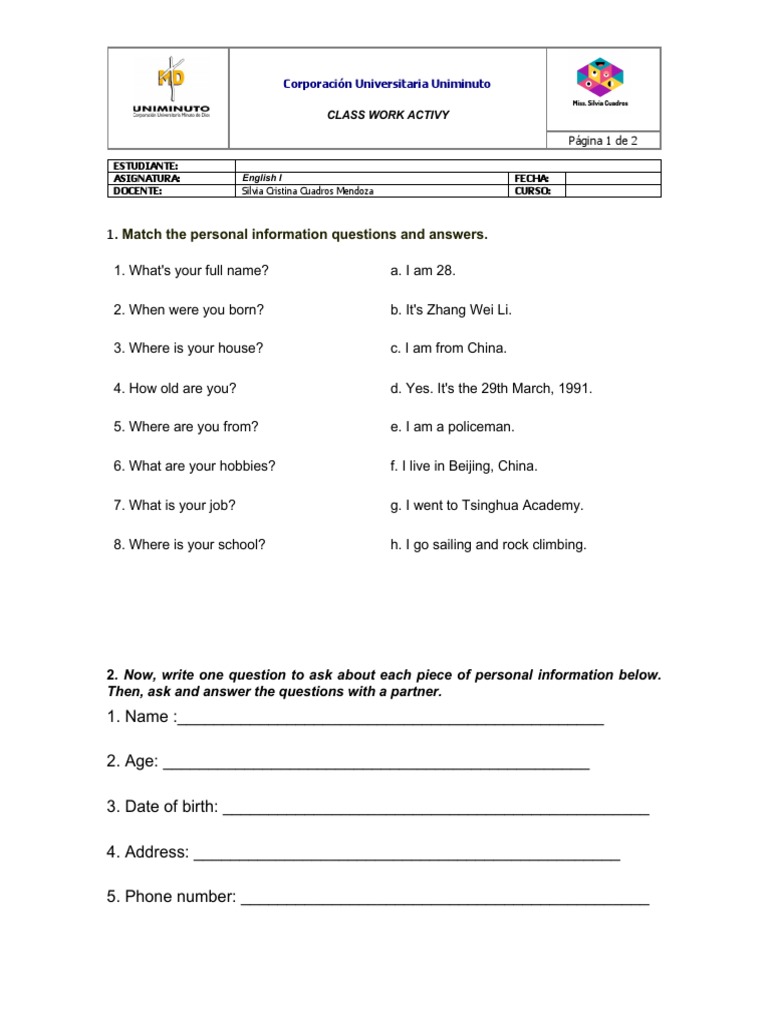 English I Personal Information Activity | PDF