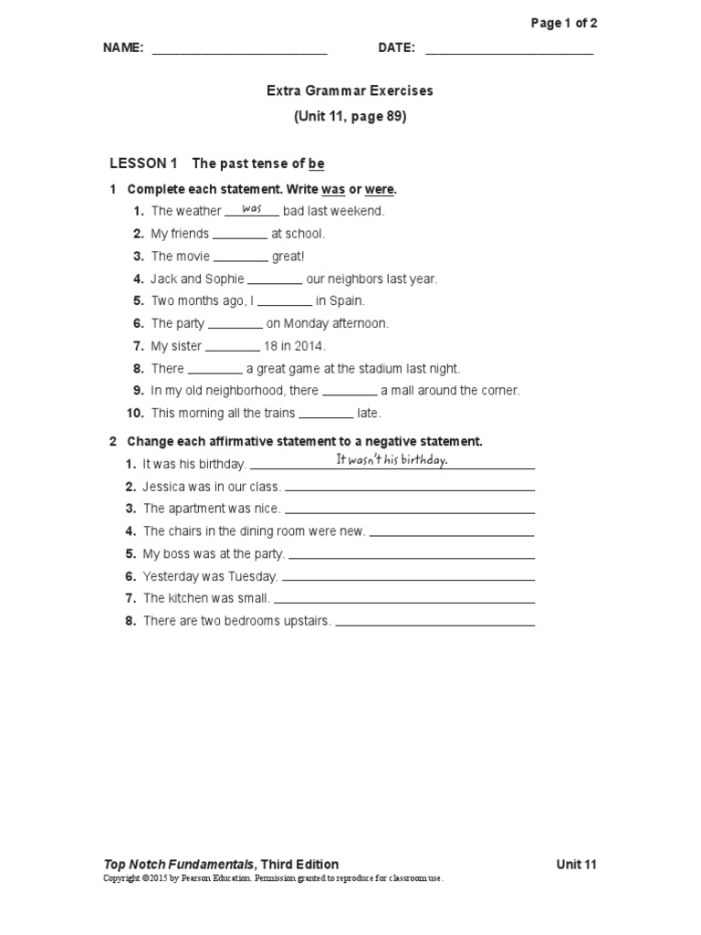 Extra Grammar Exercises (Unit 11, Page 89) : Top Notch Fundamentals ...