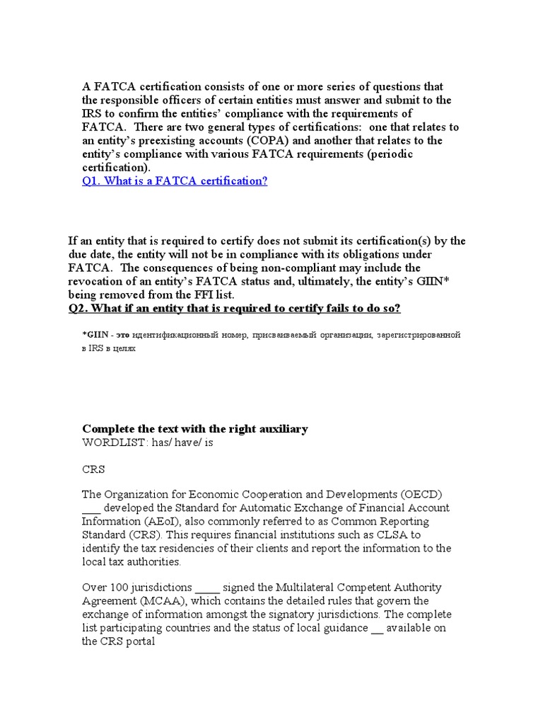 Q1. What Is A FATCA Certification?: Q2. What If An Entity That Is ...