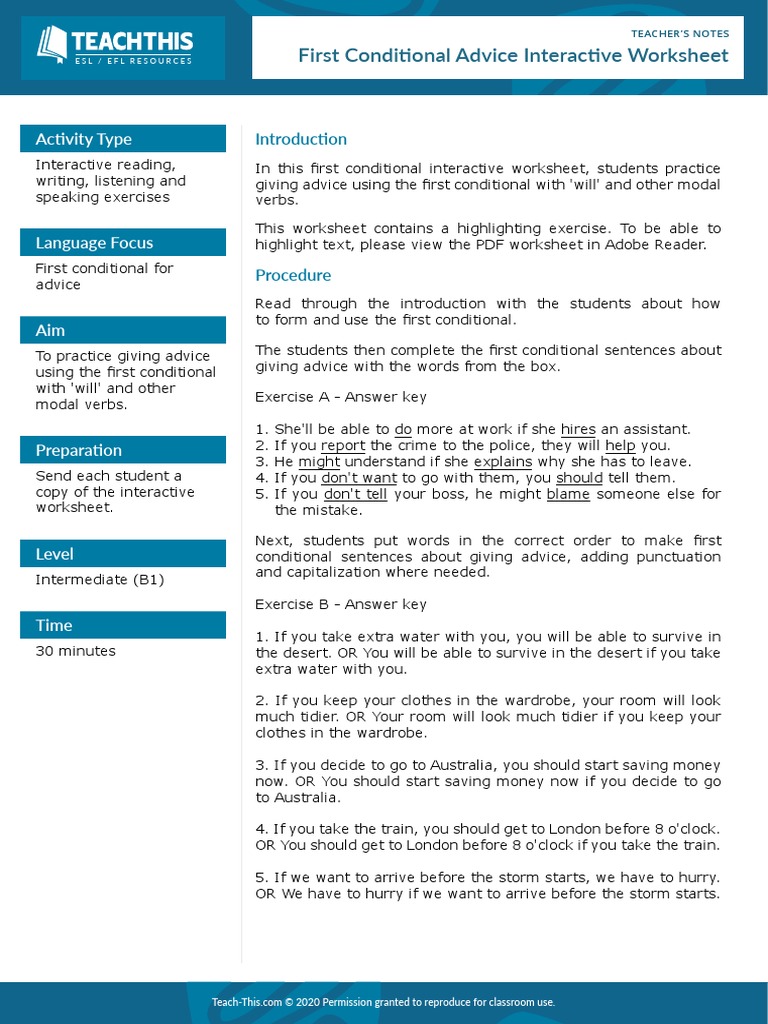 First Conditional Advice Interactive Worksheet Teachers Notes | PDF ...