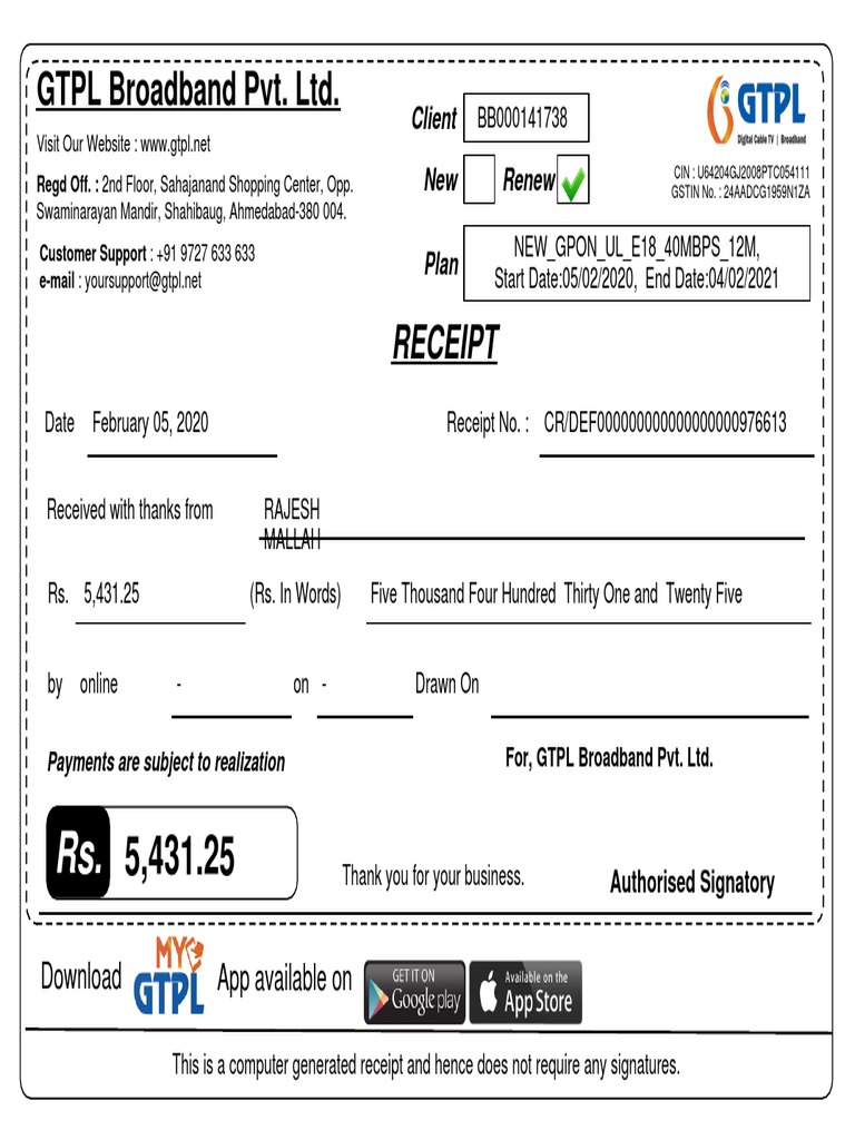 GTPL Broadband Pvt. LTD.: Receipt | PDF