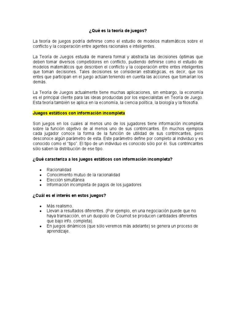 Teoria de Juegos Estaticos de Informacion Incompleta Info | PDF ...