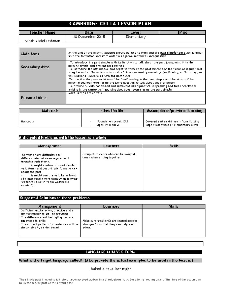 Past Simple ESL Lesson Plan | PDF | Grammatical Tense | Verb