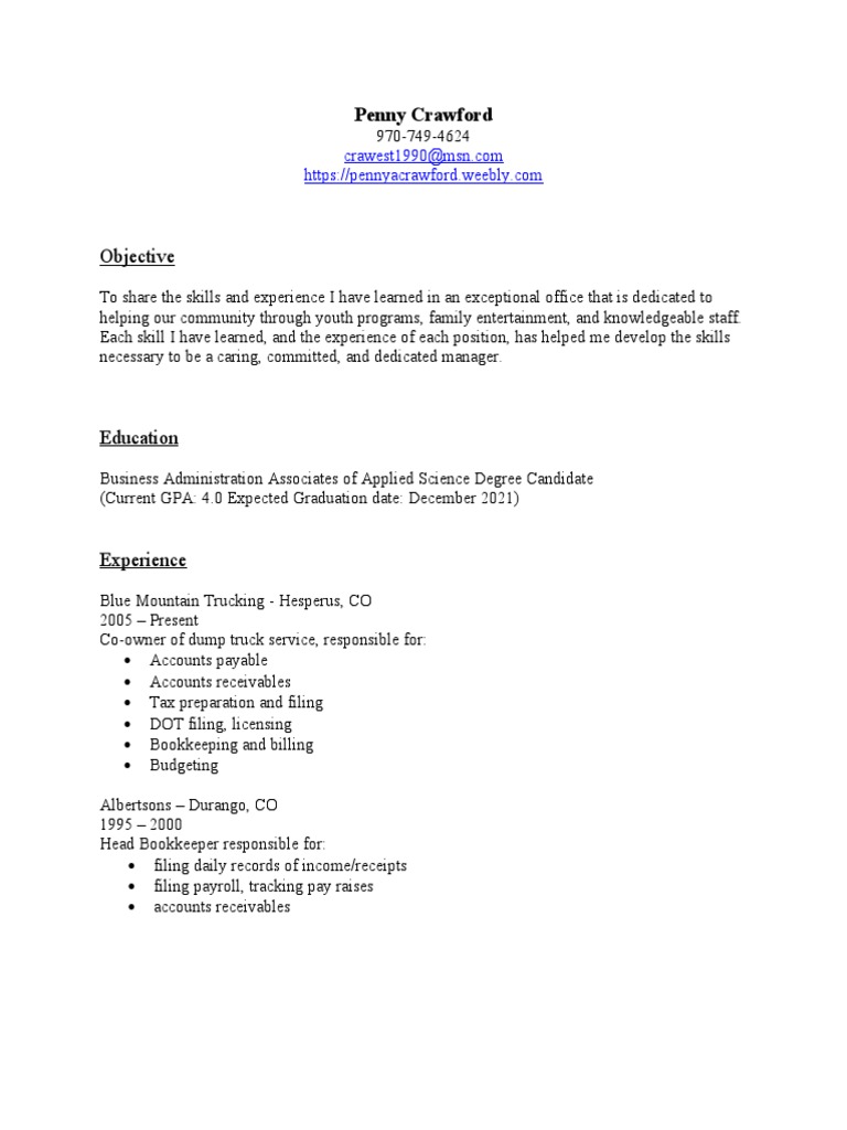 Penny Crawford Resume 2020 | PDF