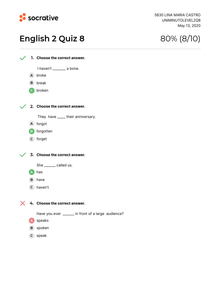 English Quiz 8 Answers | PDF