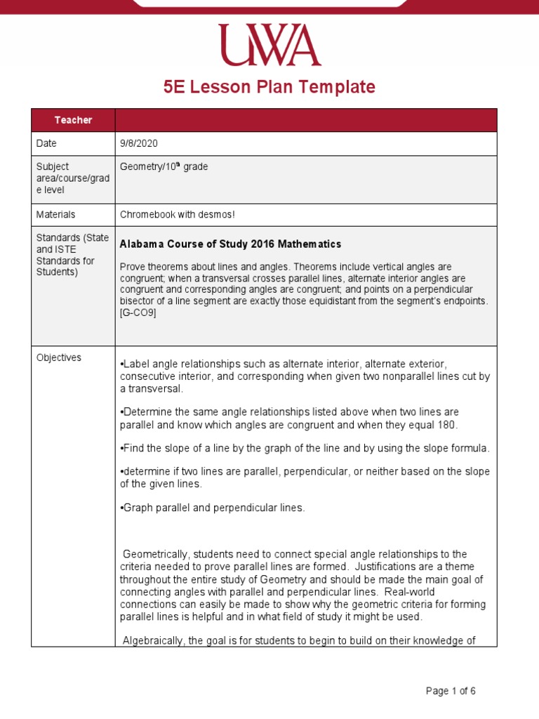 5E Lesson Plan Template: Alabama Course of Study 2016 Mathematics | PDF ...