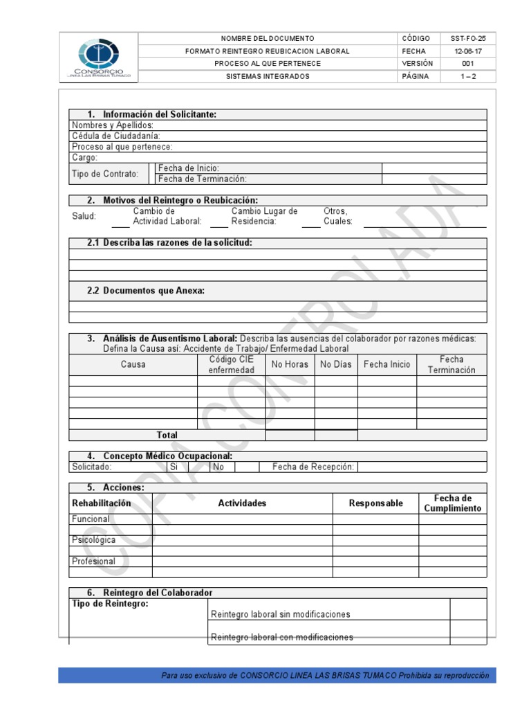 Formato Reintegro Reubicación Laboral | PDF | Bienestar | Medicina
