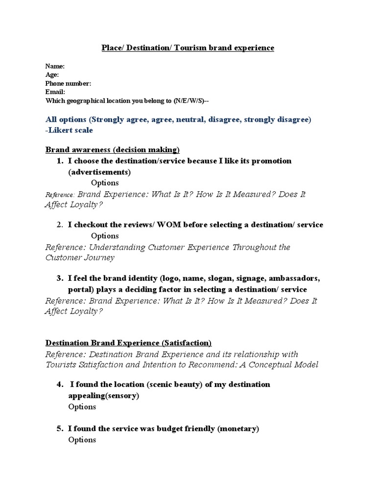 Place - Destination - Tourism Brand Exp - Questionnaire | PDF ...