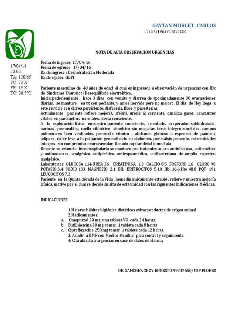 Nota de Alta: Pacientes en Urgencias | PDF | Especialidades Medicas ...
