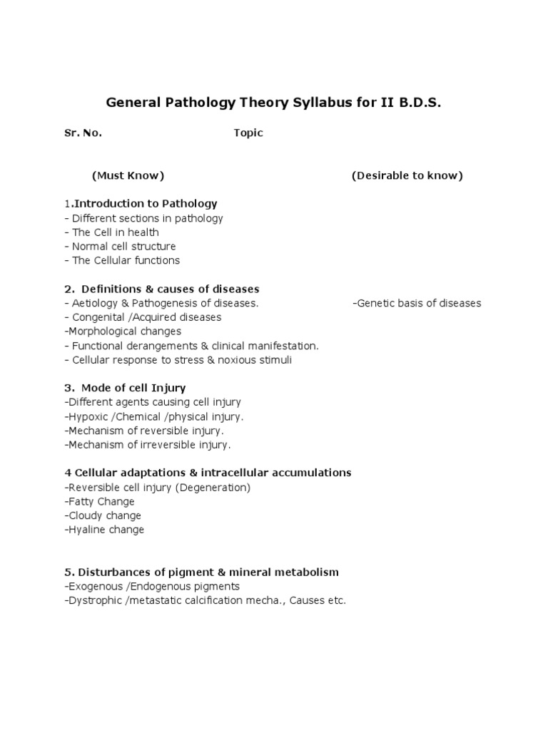Pathology Syllabus for BDS Students | PDF | Anemia | Inflammation