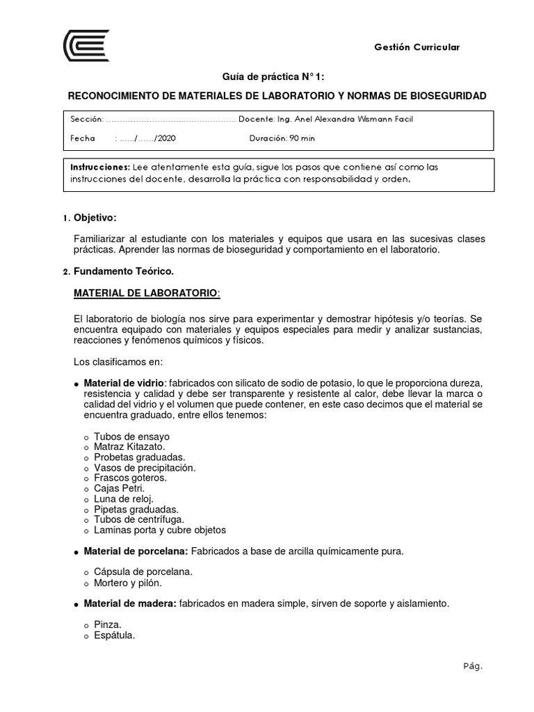 Guía de Práctica #1 - RECONOCIMIENTO DE MATERIALES DE LABORATORIO Y NORMAS DE BIOSEGURIDAD | PDF ...