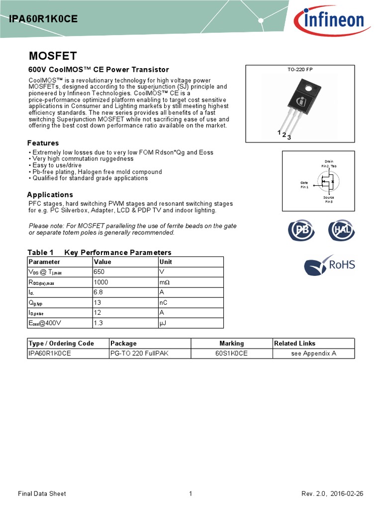 Ipa60r1k0ce PDF | PDF | Field Effect Transistor | Diode