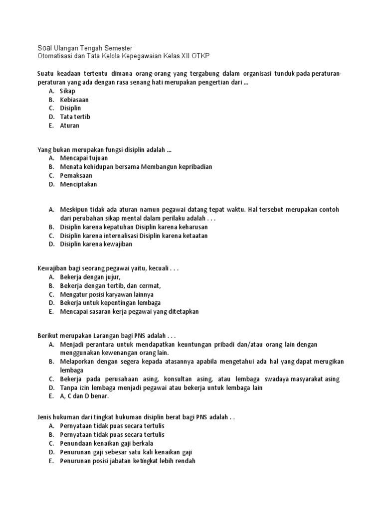 Soal UTS OTKP Kepegawaian Kelas 12 | PDF | Karier & Perkembangan
