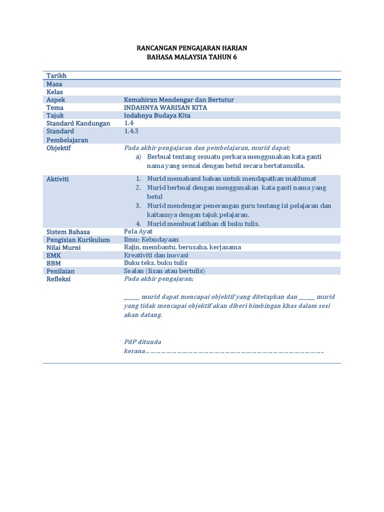 RPH BM Tahun 6 | PDF