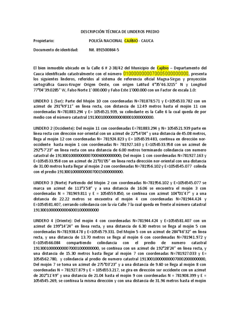 Descripción Técnica de Linderos | PDF | Geofísica | Geometría Elemental