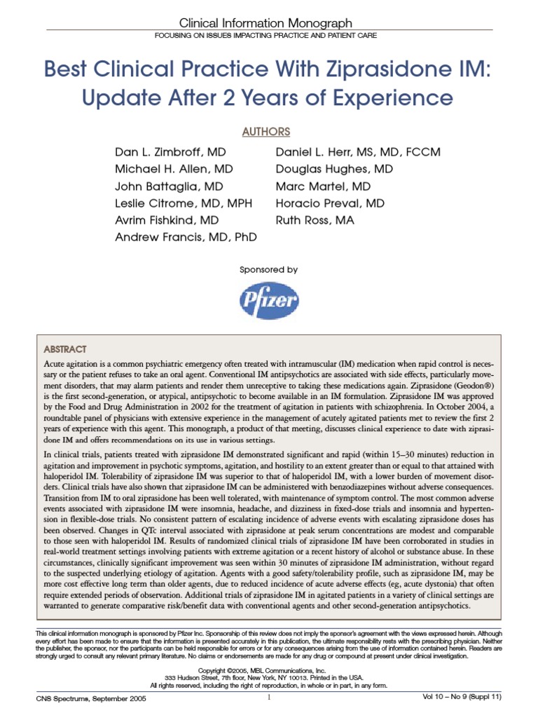 ZiprasidoneIMBestClinicalPracticeUpdateReview ZIMBROFF CNSSpect2005 ...