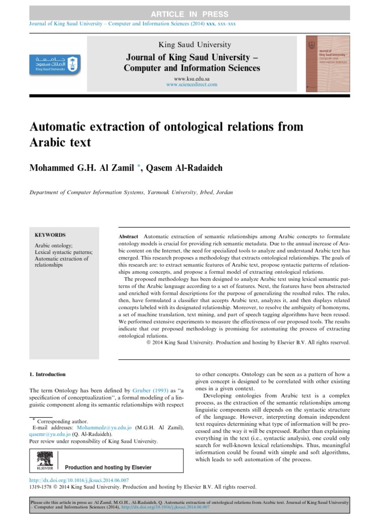 Automatic Extraction of Ontological Relations From Arabic Text | PDF | Ontology (Information ...