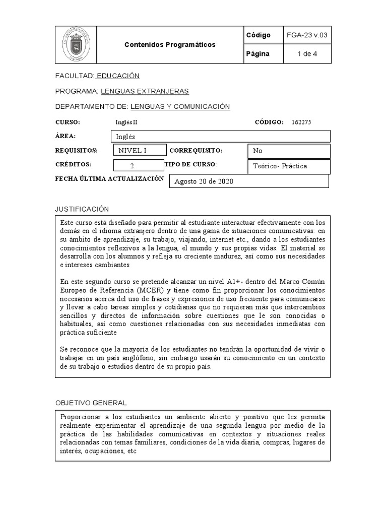 Nivel 2 - Contenidos Programaticos | PDF | Lingüística | Aprendizaje