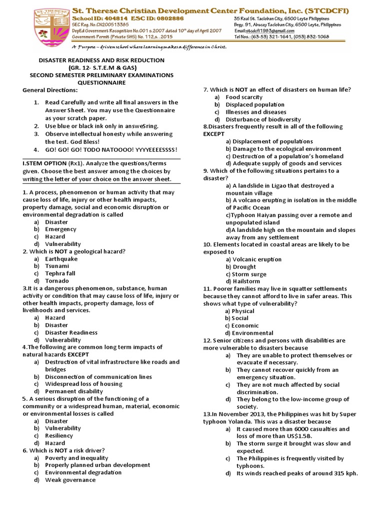 Test Questionnaire - DRRR | PDF | Hazards | Natural Hazards