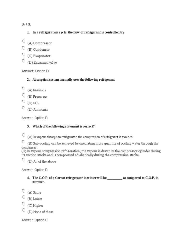 Refrigeration Cycle Quiz COP C.O.P. Absorption Compression | PDF ...
