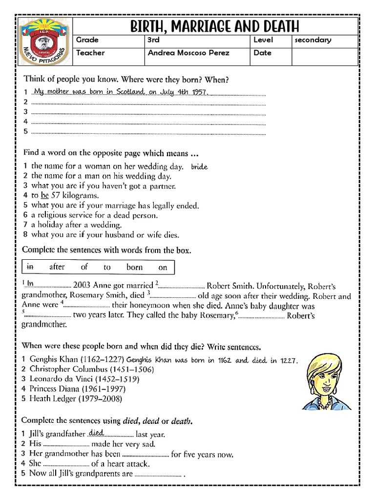 Ficha Birth, Marriage and Death Vocabulary | PDF