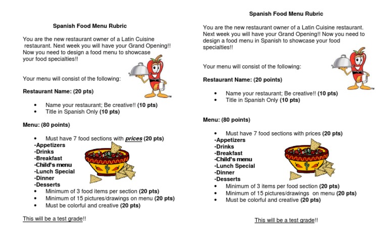 Spanish Food Menu Rubric | PDF
