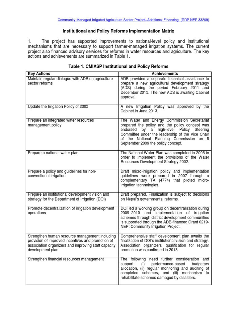 Institutional and Policy Reforms Implementation Matrix: Key Actions ...