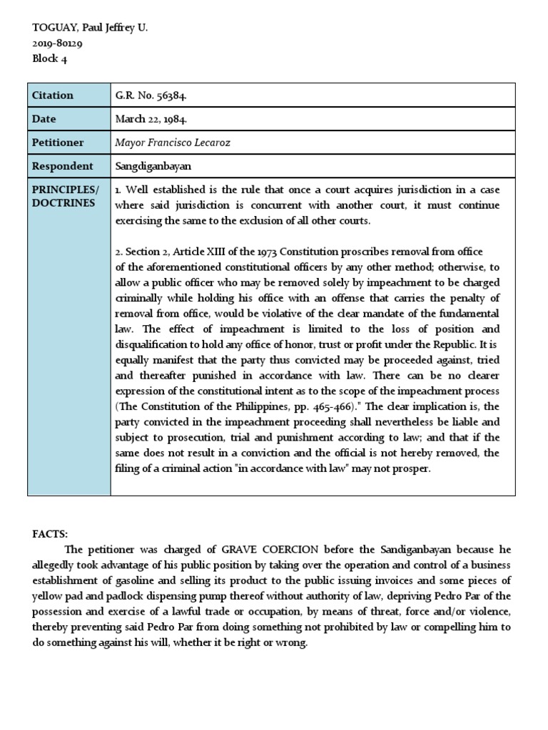 002 DIGESTED Mayor Francisco Lecaroz vs. Sandiganbayam - G.R. No. 56384 | PDF | Impeachment ...