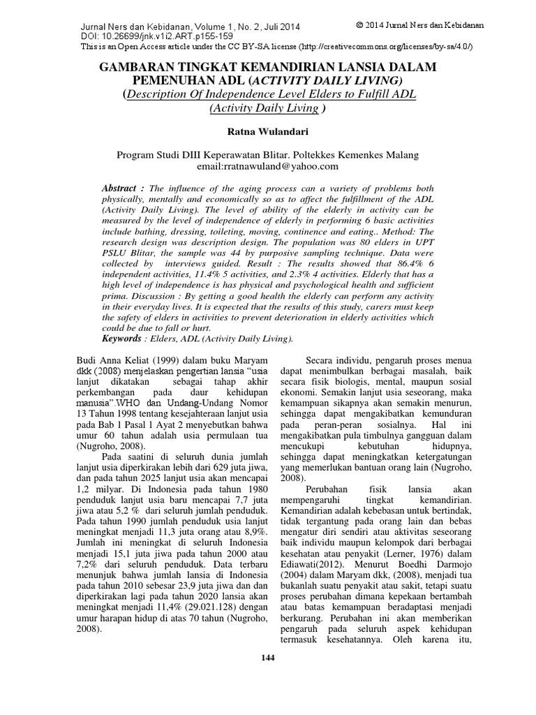 Gambaran Tingkat Kemandirian Lansia Dalam Pemenuhan Adl (Activity Daily ...