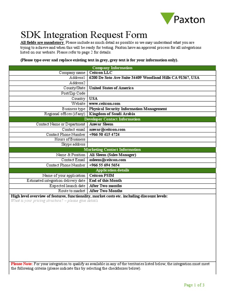 SDK Integration Request Form: Company Information | PDF | Marketing ...