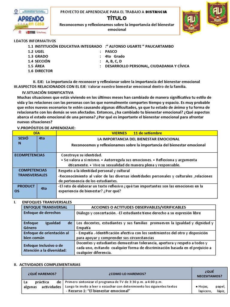 S23 Proyecto DPCC de Clase 4° Abcd | PDF | Bienestar | Las emociones