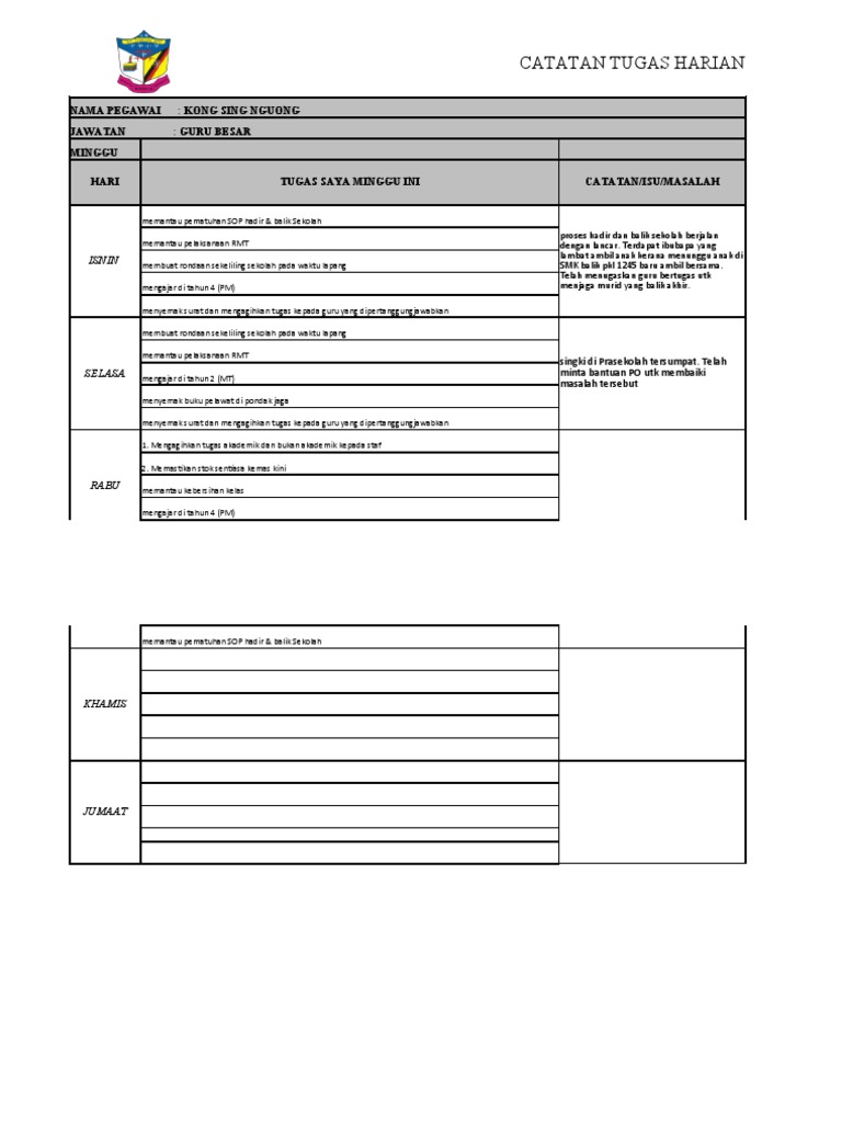 Catatan Tugasan Harian | PDF