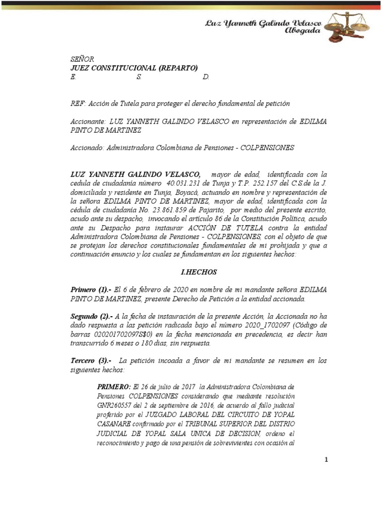 Tutela Colpensiones | PDF | Petición | Pensión