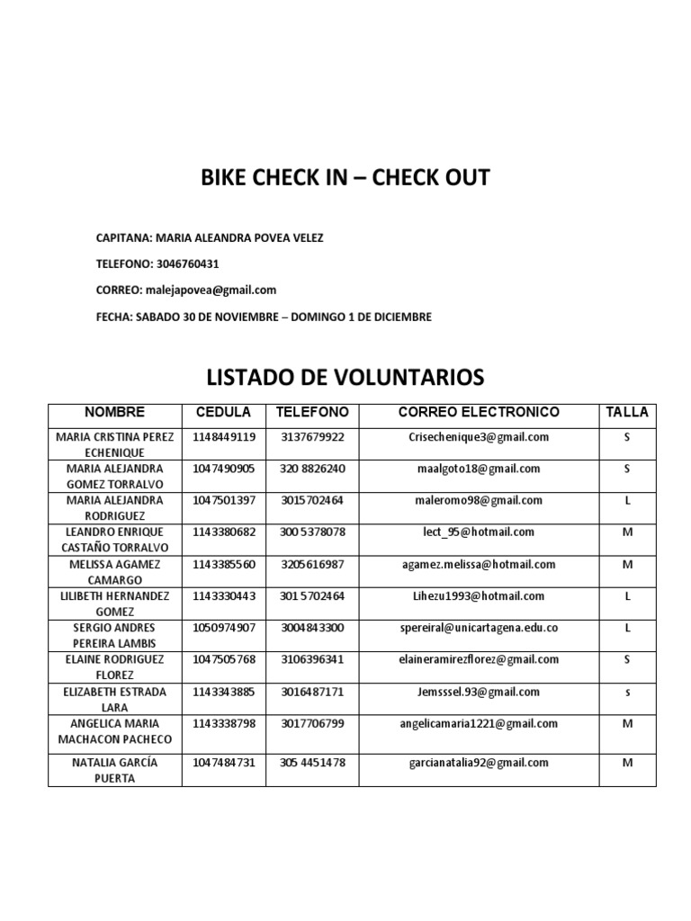 Registro de Voluntarios Bike Check Inn | PDF