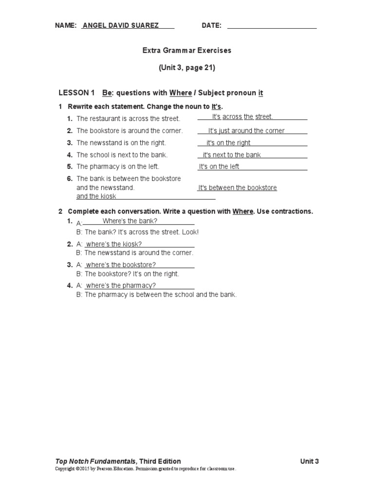 Extra Grammar Exercises (Unit 3, Page 21) : Top Notch Fundamentals, Third Edition | PDF ...