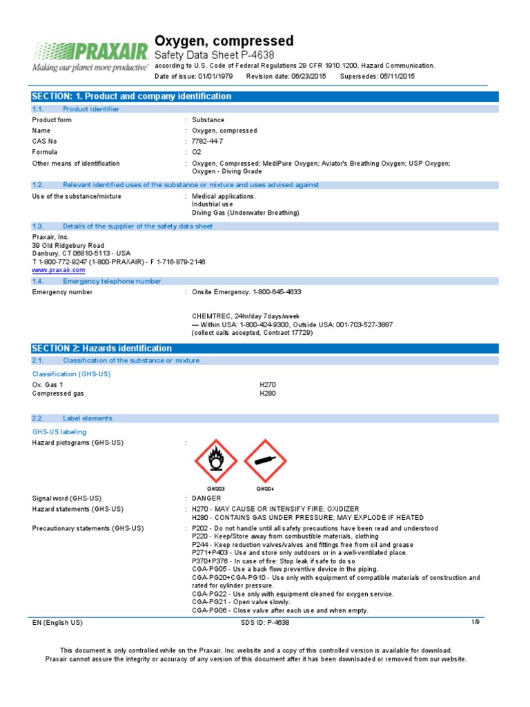 Oxygen SDS Safety Summary | PDF | Firefighting | Fires