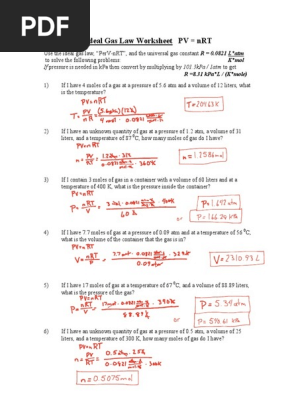 Ideal Gas Law Worksheet Pv Nrt Answers