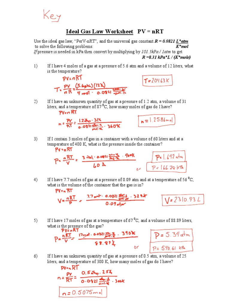 Ideal Gas Law Worksheet 2 Answer PDF | PDF