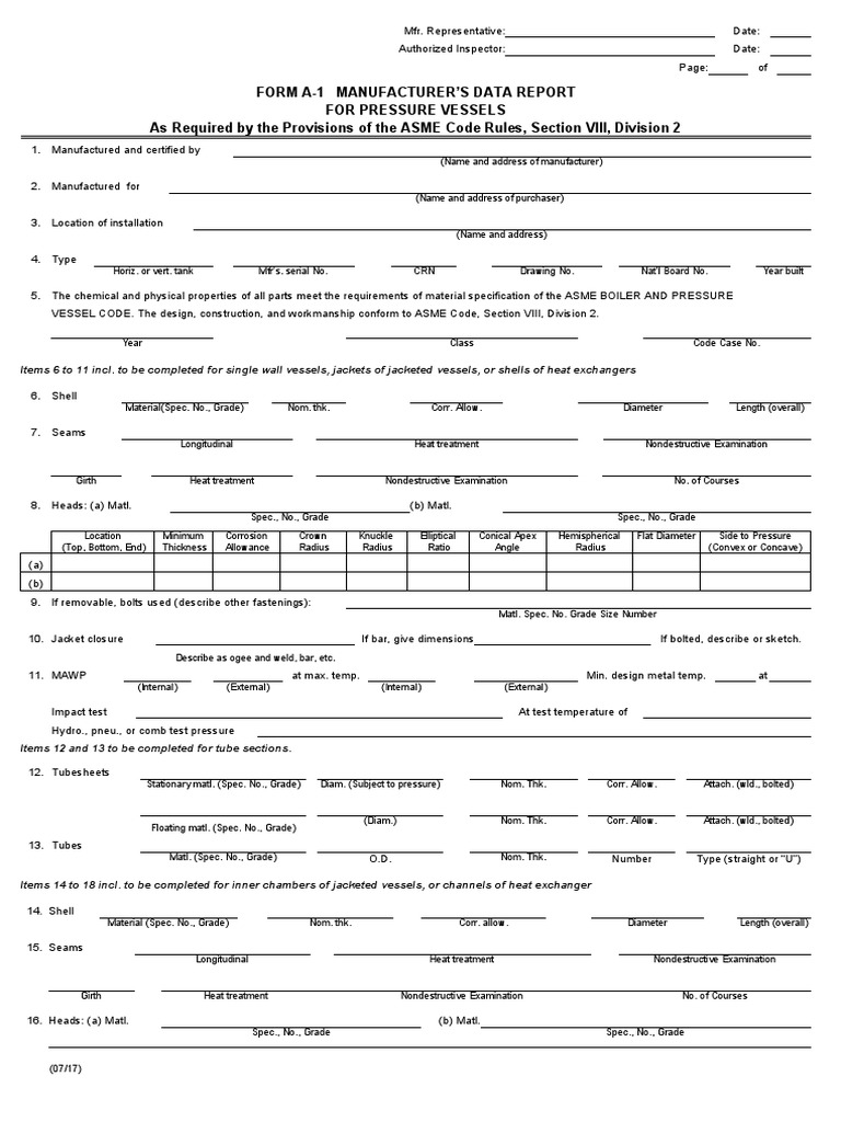 Form A-1 Manufacturer'S Data Report For Pressure Vessels As Required by ...