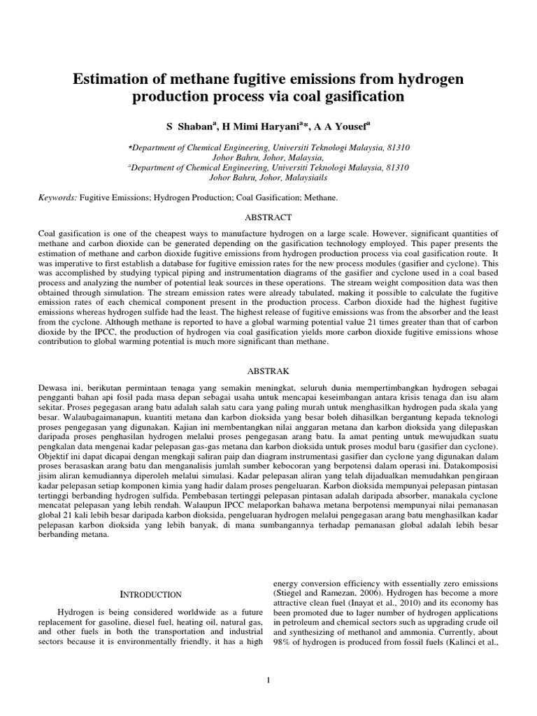 Estimation Of Methane Fugitive Emissions From Hydrogen Production Process Via Coal Gasification
