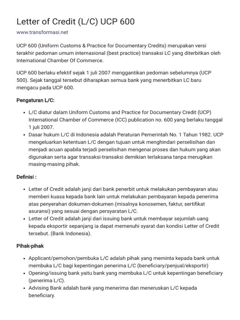 Letter of Credit UCP 600 | PDF