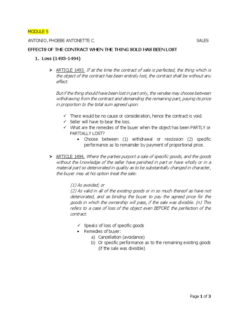 Effects of The Contract When The Thing Sold Has Been Lost 1. Loss (1493 ...